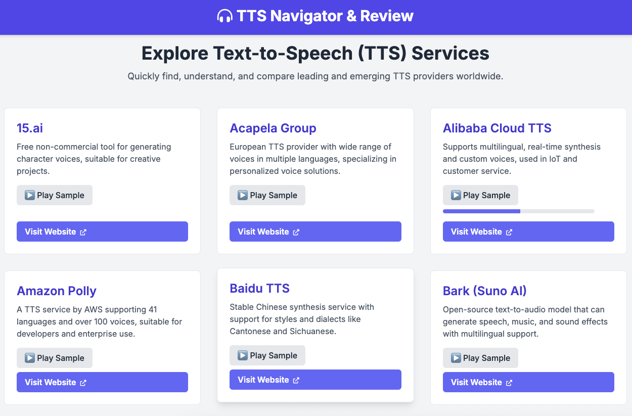 TTS Navigator & Review - Discover Text-to-Speech Services like elevenlabs, Google TTS